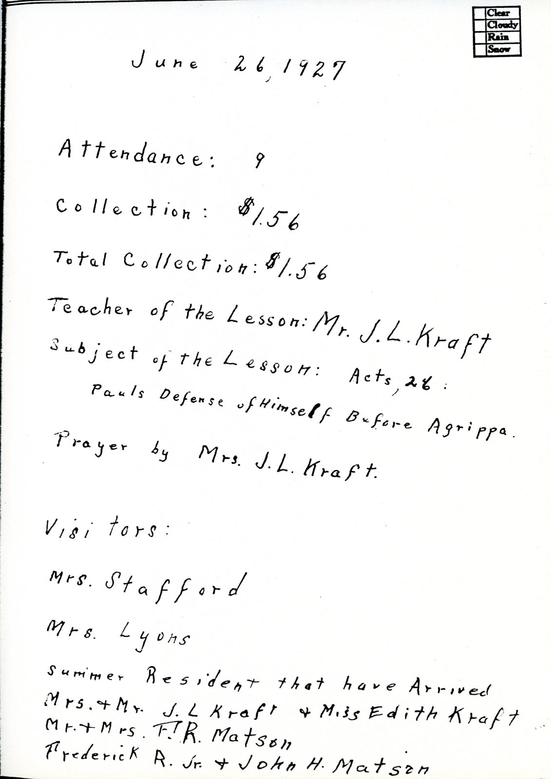 Kraftwood Sunday School Report -1927 – Kraftwood