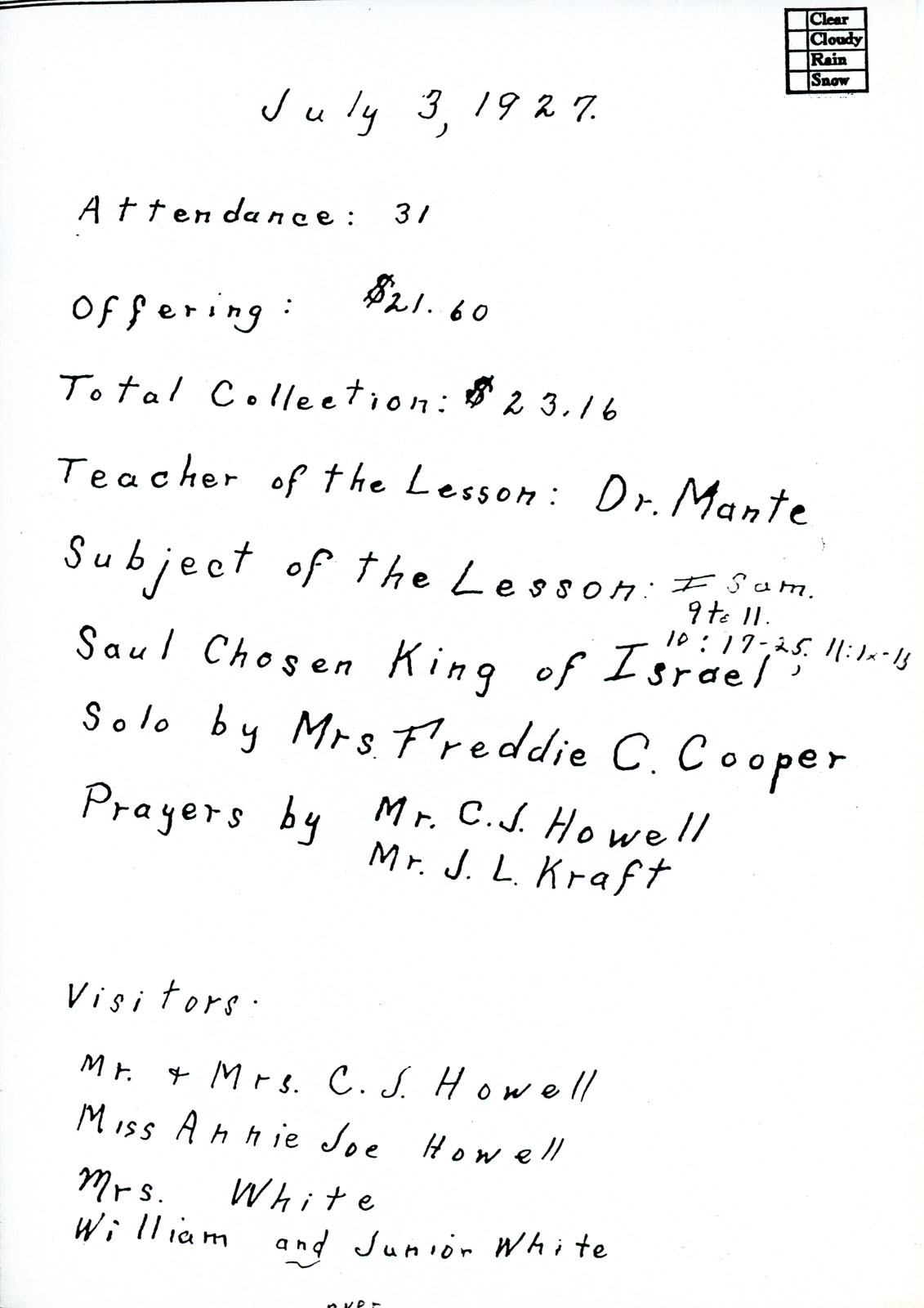 Kraftwood Sunday School Report -1927 – Kraftwood